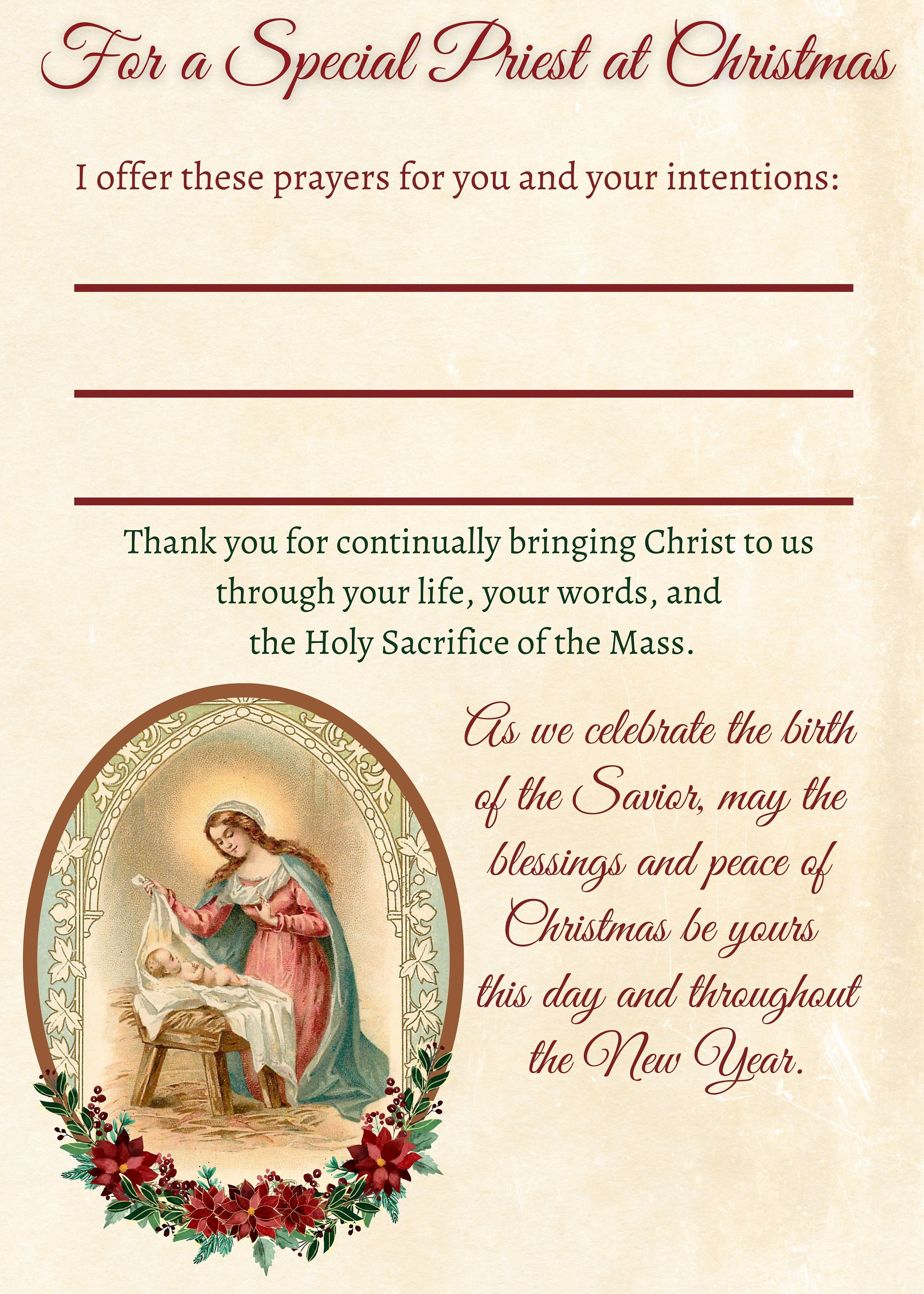 Priest Christmas Spiritual Bouquet Card / Catholic Gift / Prayer Card ...