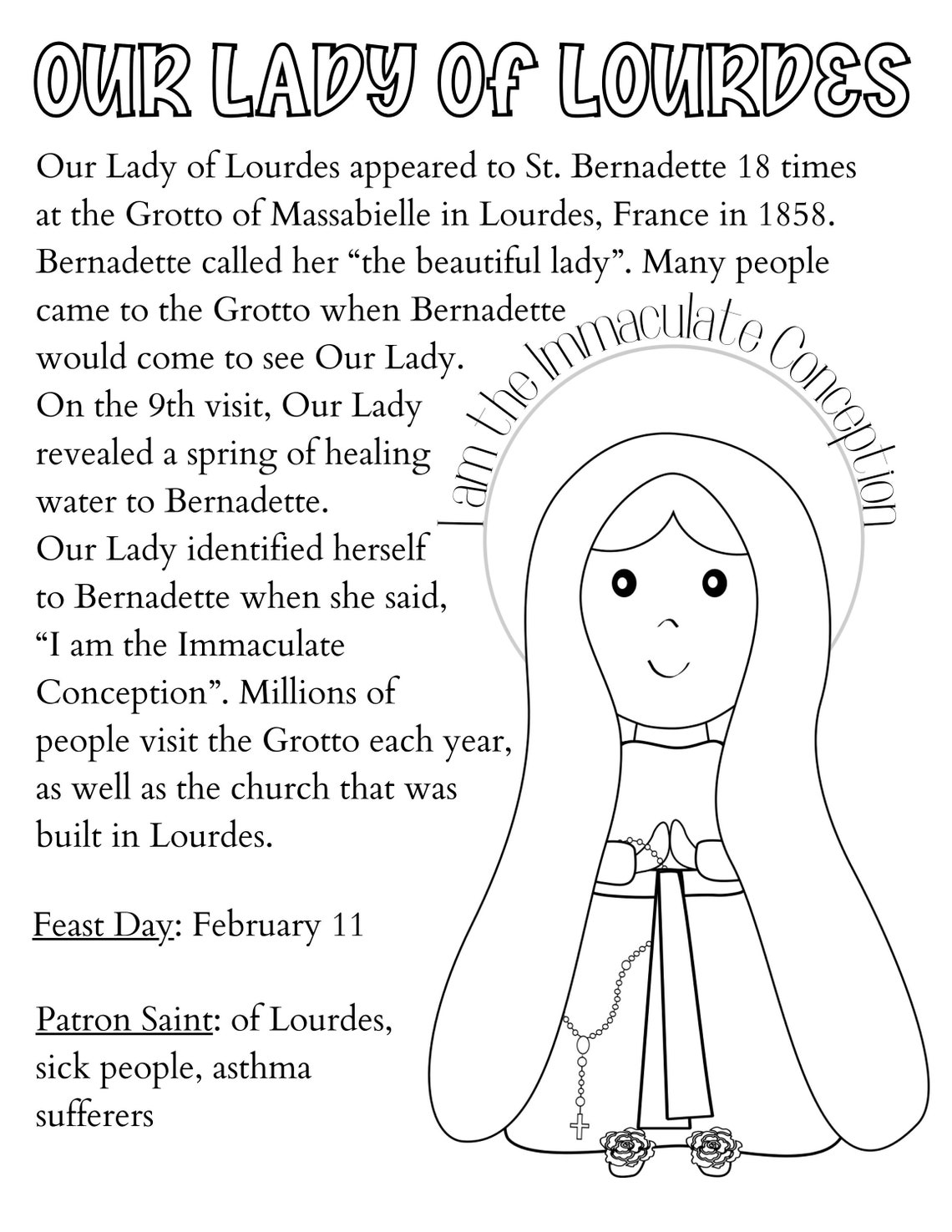 Our Lady of Lourdes Printable Coloring Page, Catholic Marian Kid's ...