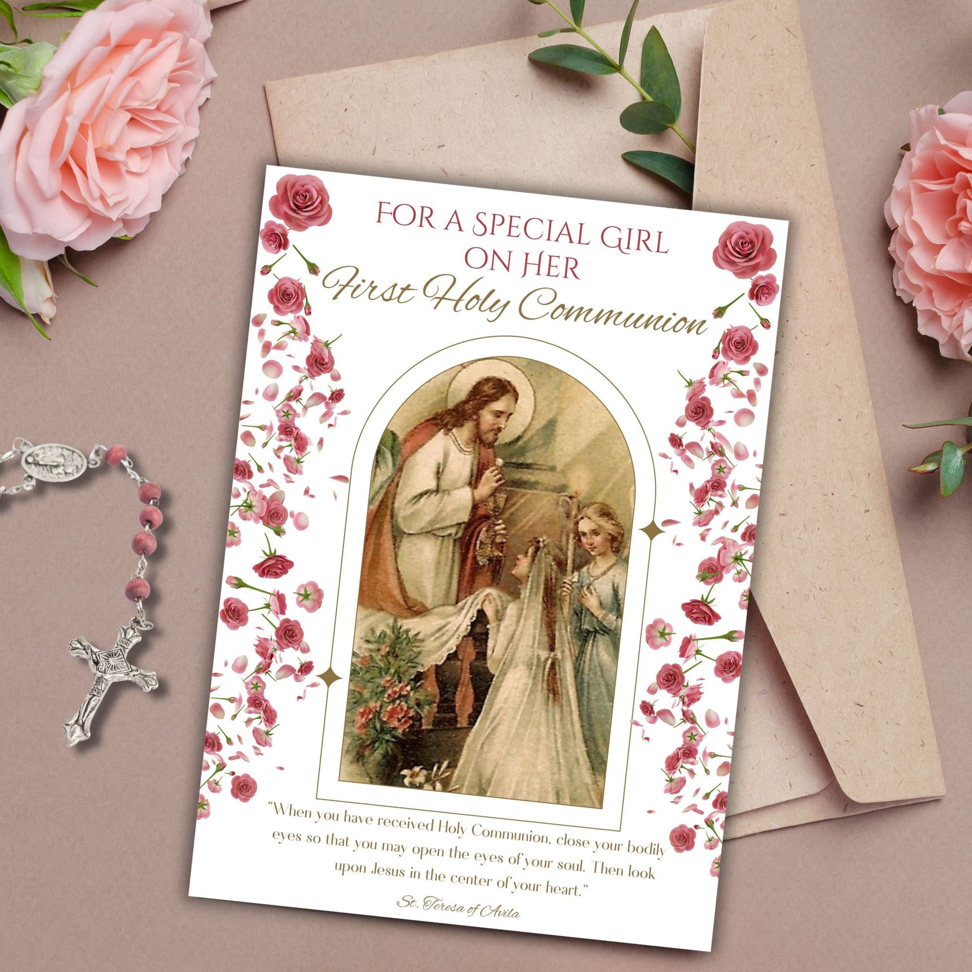 First Holy Communion Card for Girl, Printable Catholic Sacrament ...