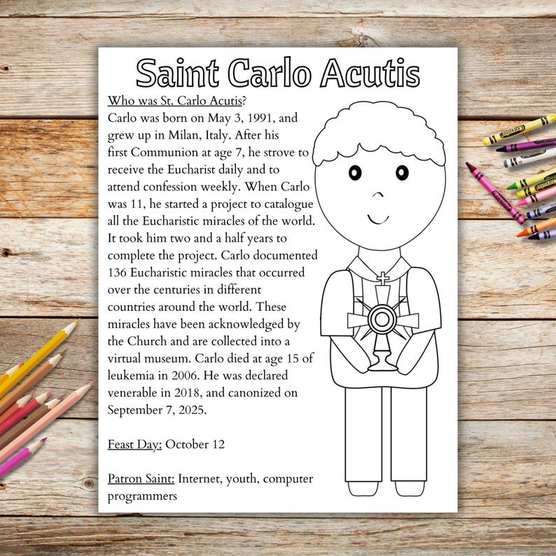 Printable St. Carlo Acutis Coloring Page, Catholic Kid's Saint Activity ...