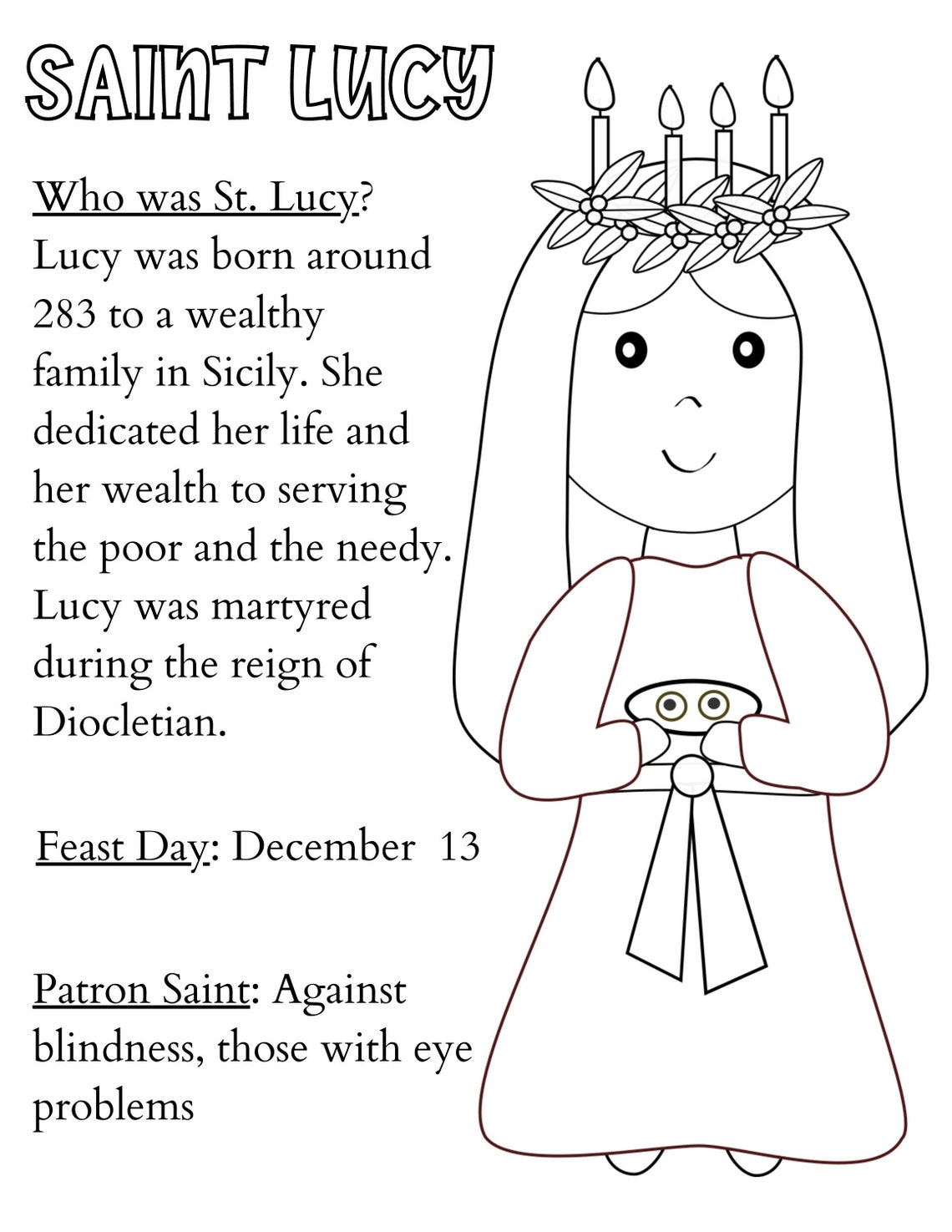 St. Lucy Printable Coloring Page, Catholic Kid's Activity, Advent Coloring, Saint Activity ...