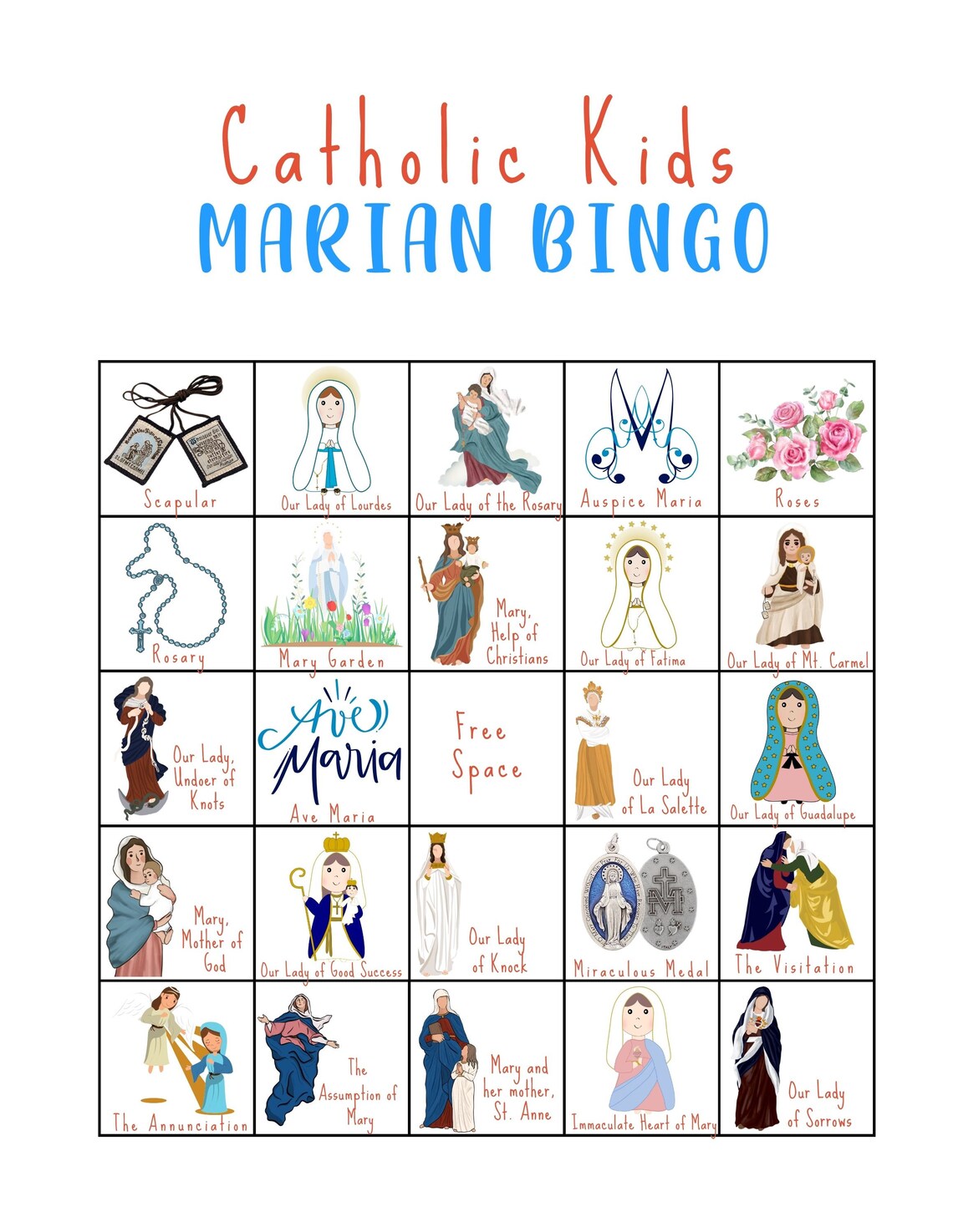 Marian Catholic Bingo Game, Printable Bingo Cards, Catholic Kid's ...