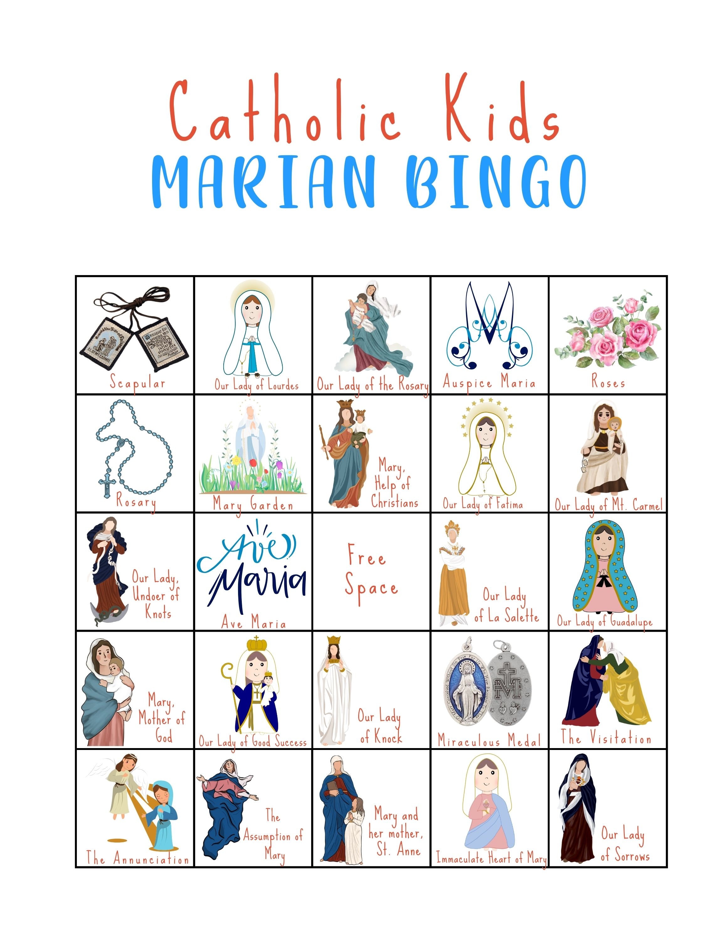 Marian Catholic Bingo Game, Printable Bingo Cards, Catholic Kid's ...