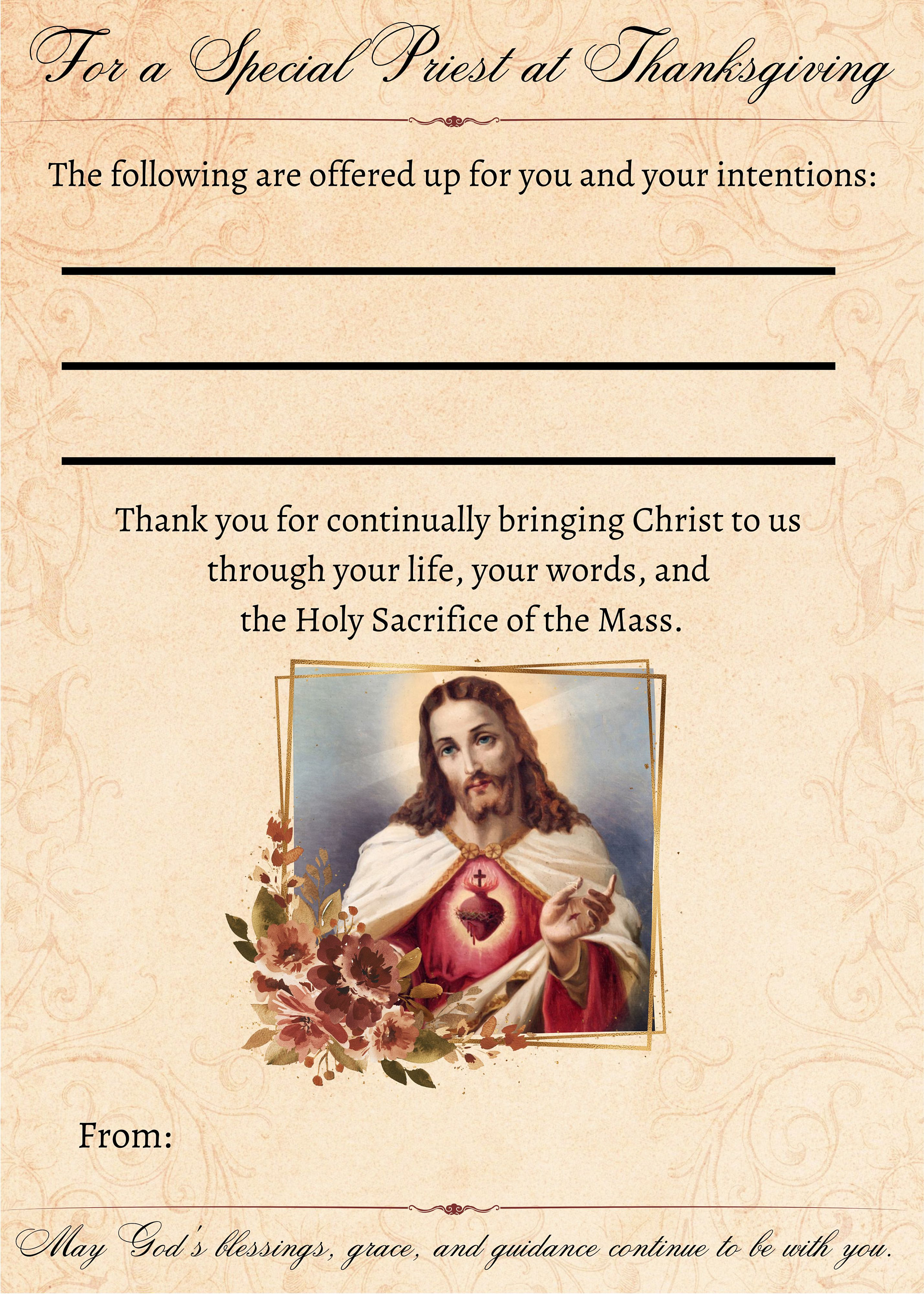 Priest Thanksgiving Spiritual Bouquet Card, Printable Catholic Prayer ...