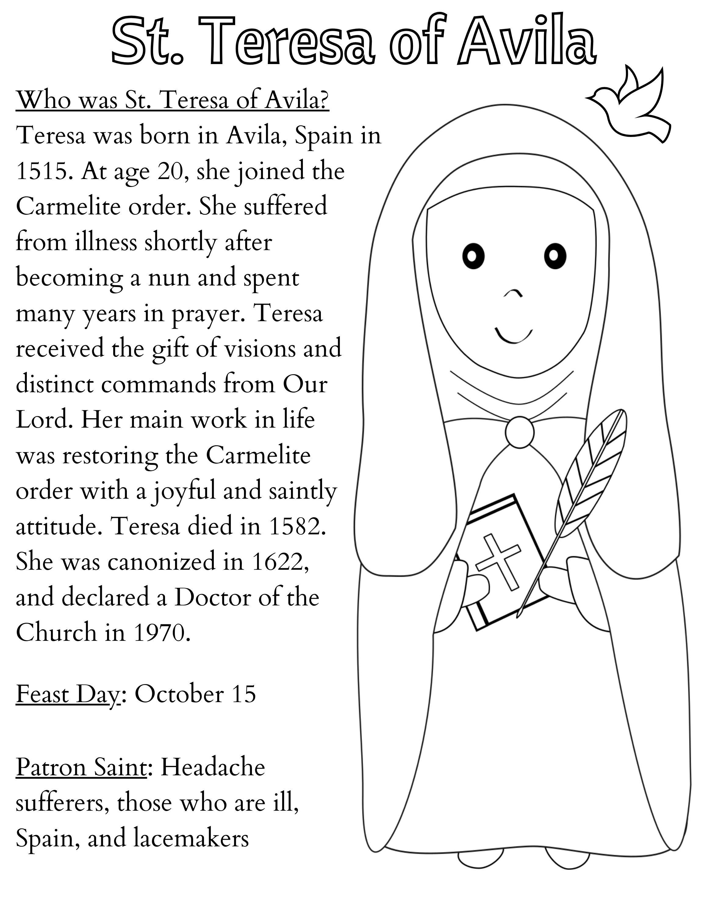 St. Teresa of Avila Coloring Page, Printable Saint Coloring, Catholic ...