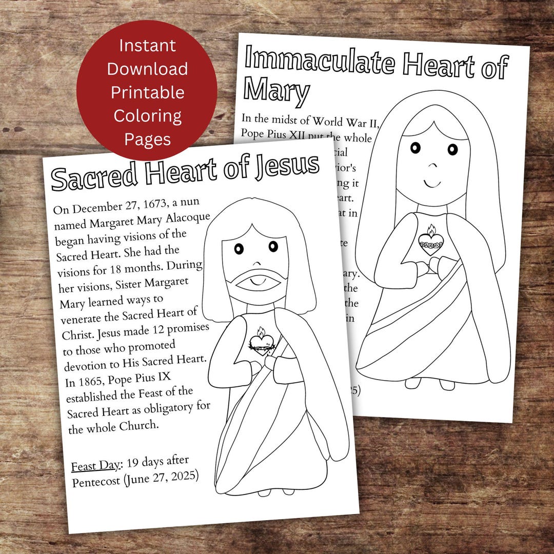 Sacred Heart and Immaculate Heart Coloring Pictures, Printable Jesus ...