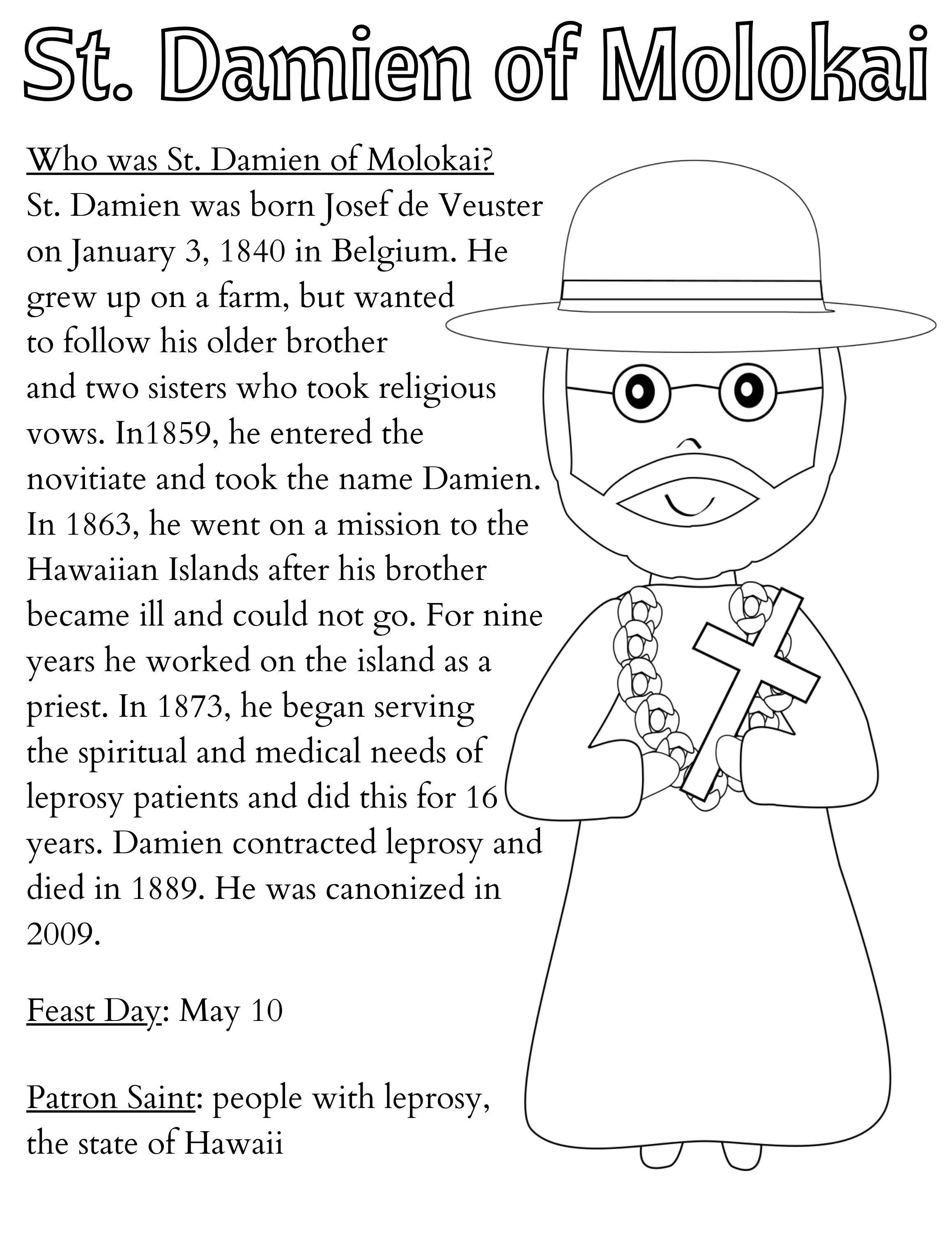 St. Damien of Molokai Coloring Page, Printable Saint Coloring, Catholic ...