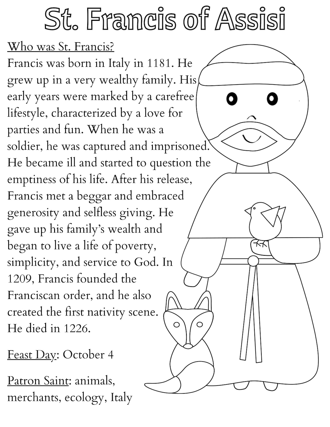 St. Francis of Assisi Coloring Page, Printable Saint Coloring, Catholic ...