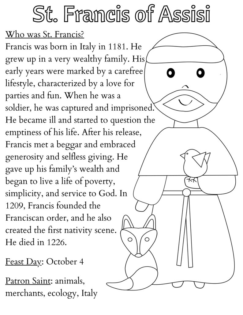 St. Francis of Assisi Coloring Page, Printable Saint Coloring, Catholic ...