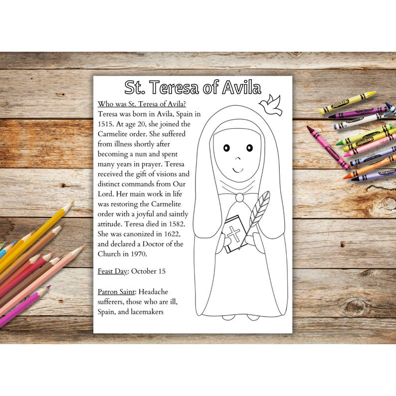 St. Teresa of Avila Coloring Page, Printable Saint Coloring, Catholic ...