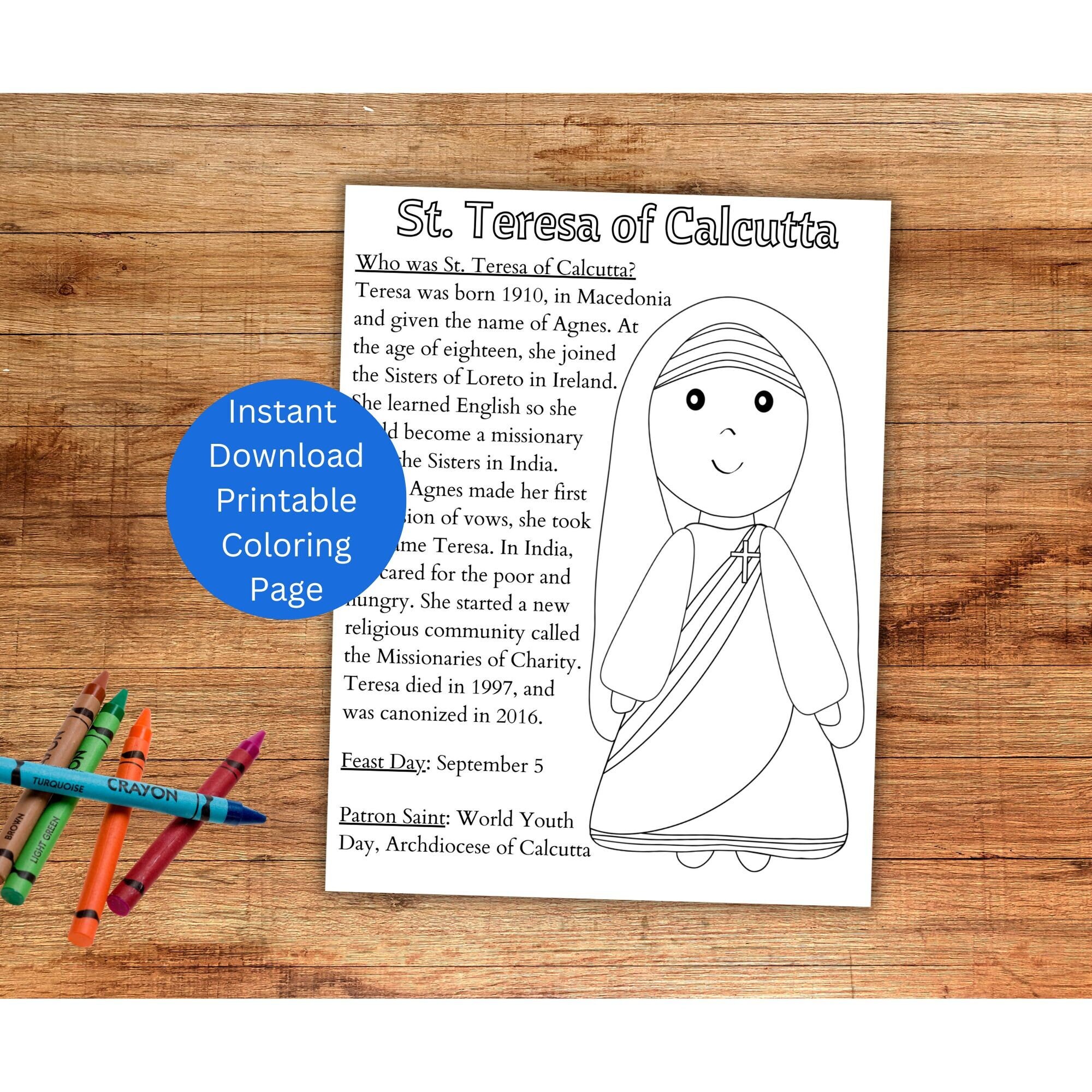 St. Teresa of Calcutta Coloring Page, Printable Saint Coloring ...