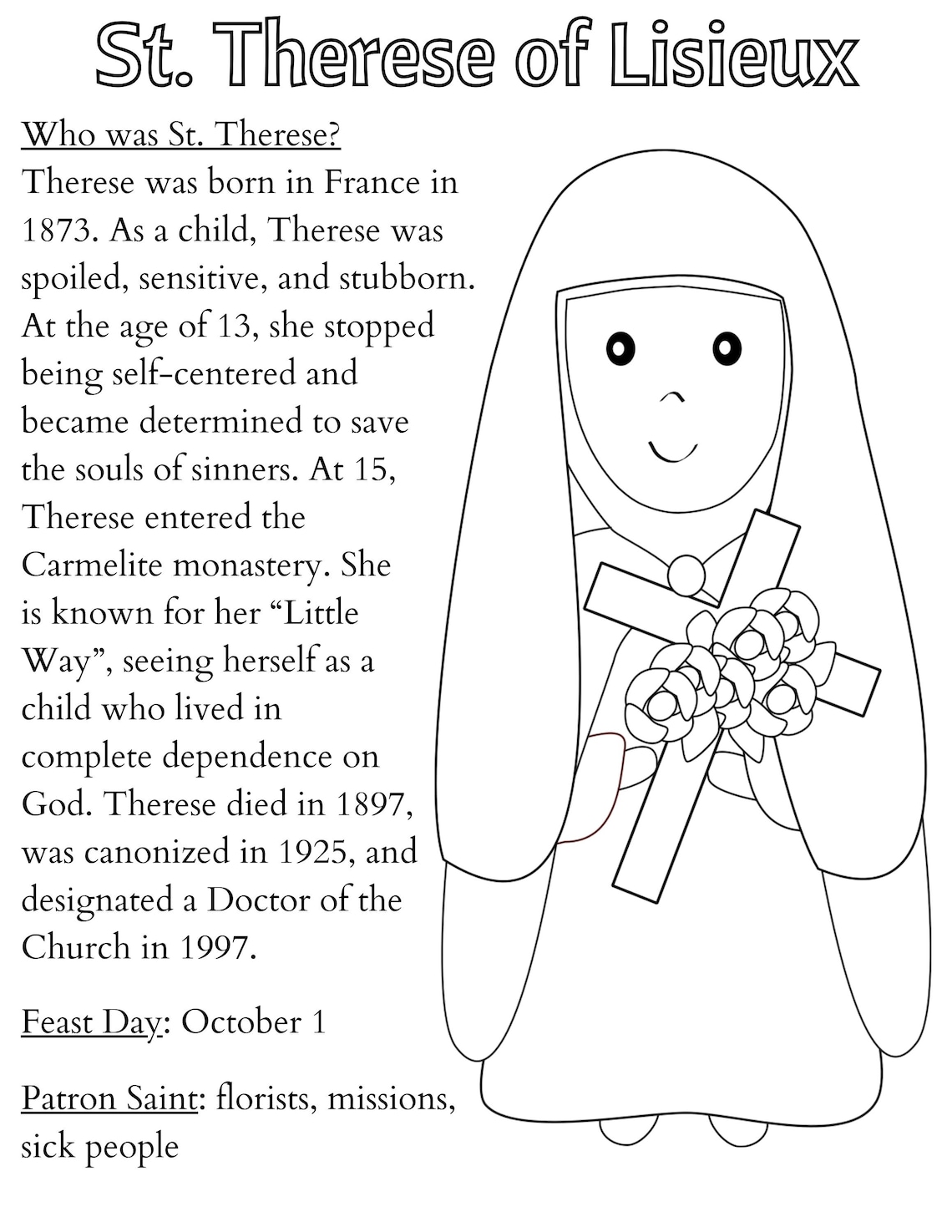 St. Therese of Lisieux Coloring Page, Printable Saint Coloring ...