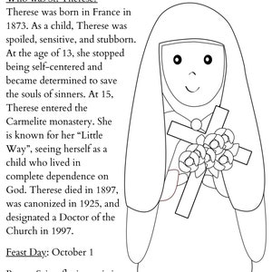 Printable St. Therese of Lisieux Coloring Page, Catholic Kid's Saint ...