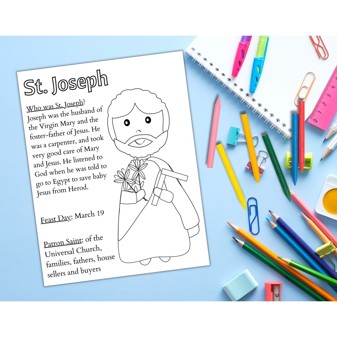 St. Joseph Coloring Page, Printable Saint Coloring Picture, Catholic ...