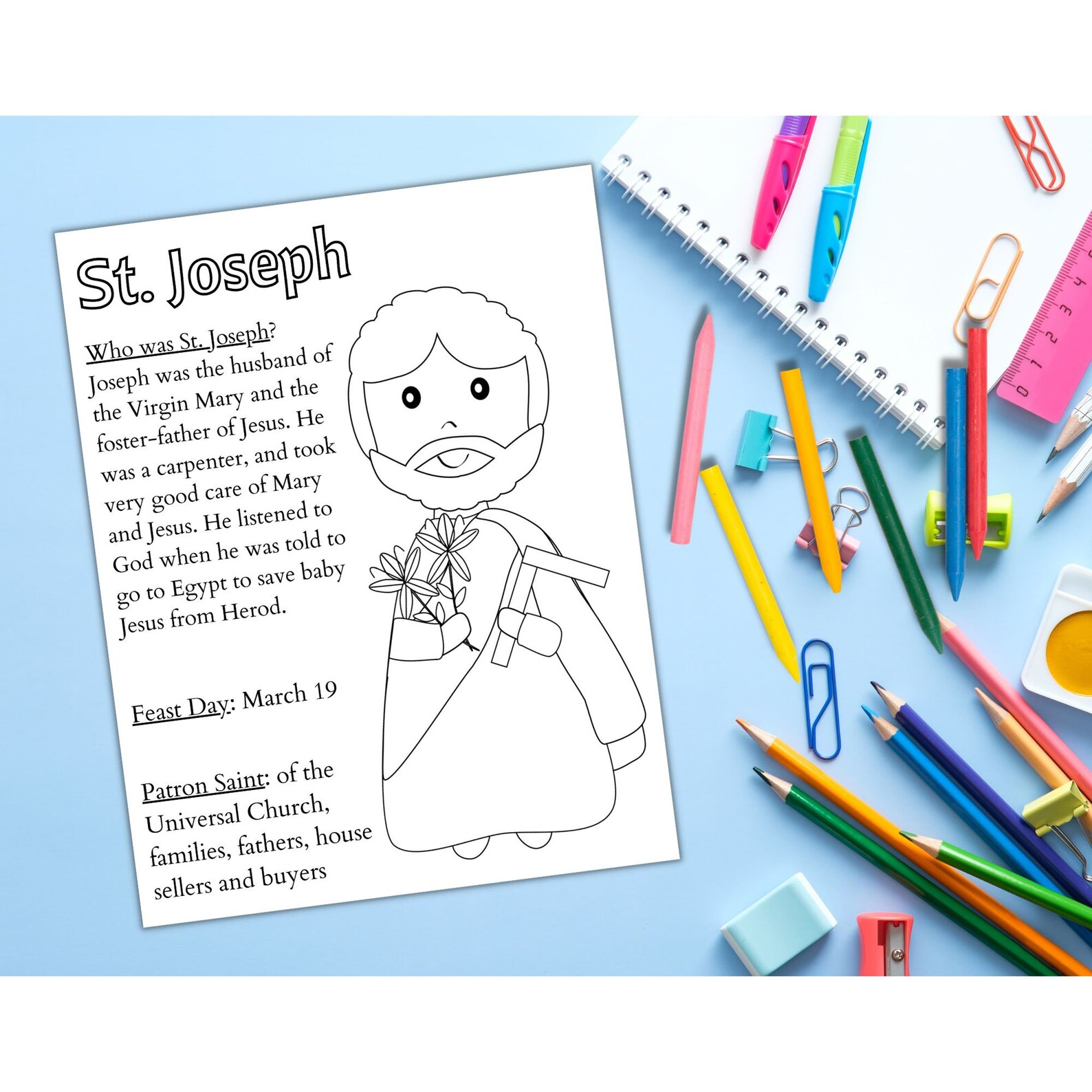 St. Joseph Coloring Page, Printable Saint Coloring Picture, Catholic ...