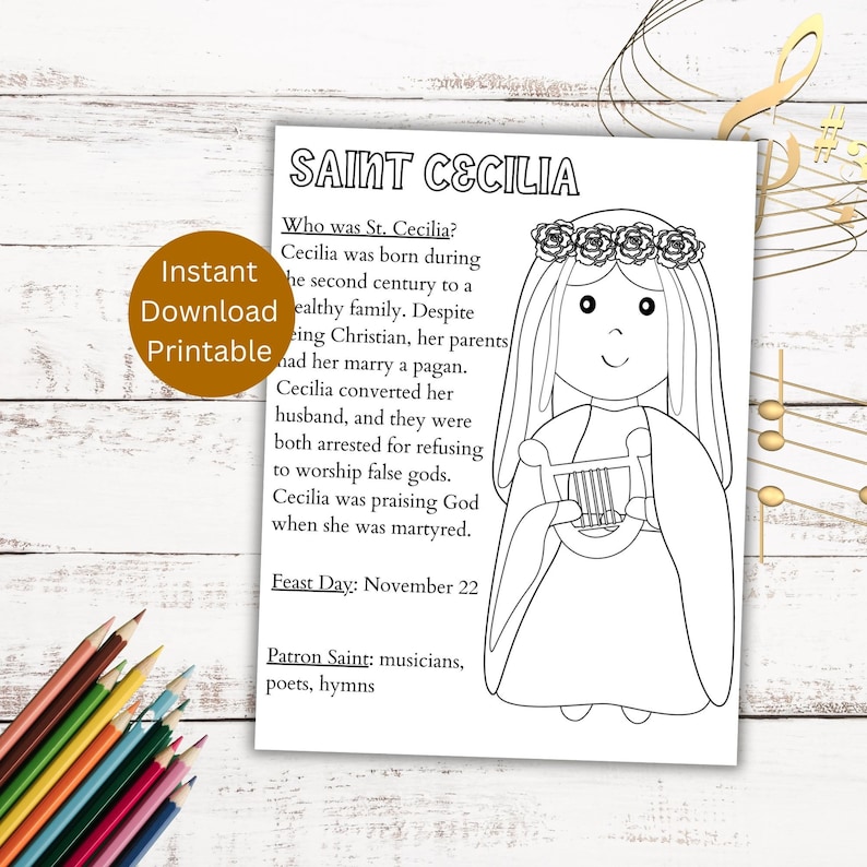 St. Cecilia Coloring Page / Printable Coloring Page / Saint Coloring ...
