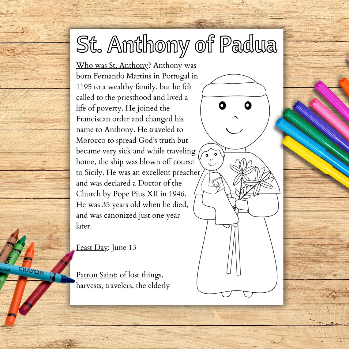 St. Anthony of Padua Coloring Page, Printable Saint Coloring, Catholic ...
