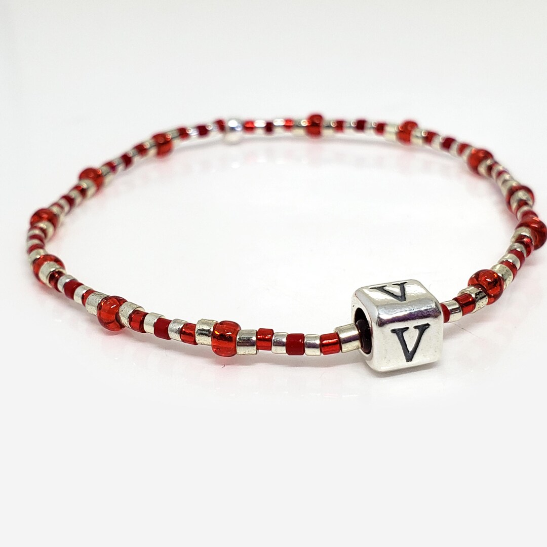 V Red Microphone Bracelet: Japanese Seed Beads, Sterling Silver V Bead ...
