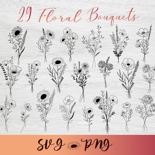 Floral Bouquet Bundle SVG PNG Flowers Hand Drawn Botanical - Etsy