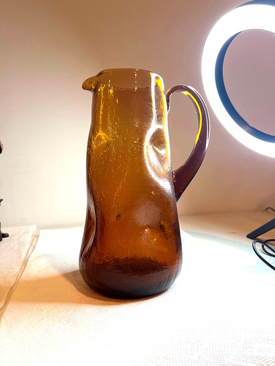 Blenko Pinched Dimple Crackle Glass Pitcher Amber Honey Large MCM - Etsy