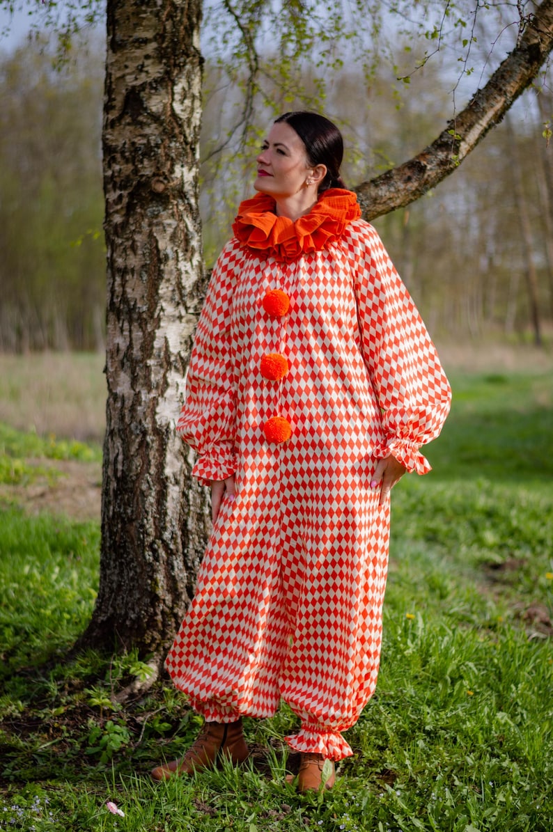 Orange Harlequin Circus Clown Costume Adult Unisex Suite Pierrot ...