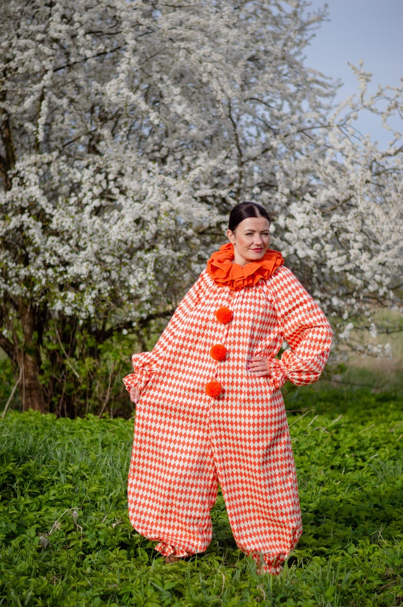 Orange Harlequin Circus Clown Costume Adult Unisex Suite Pierrot ...