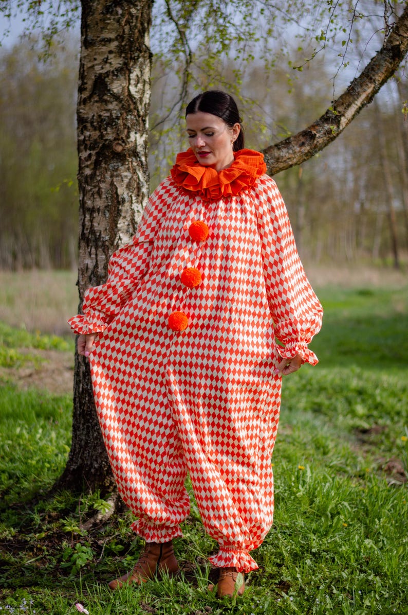 Orange Harlequin Circus Clown Costume Adult Unisex Suite Pierrot ...