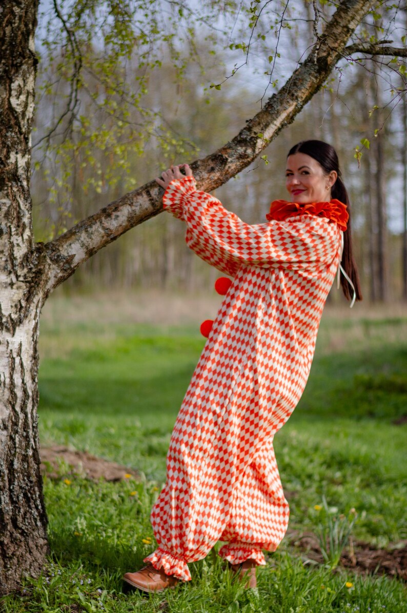 Orange Harlequin Circus Clown Costume Adult Unisex Suite Pierrot ...
