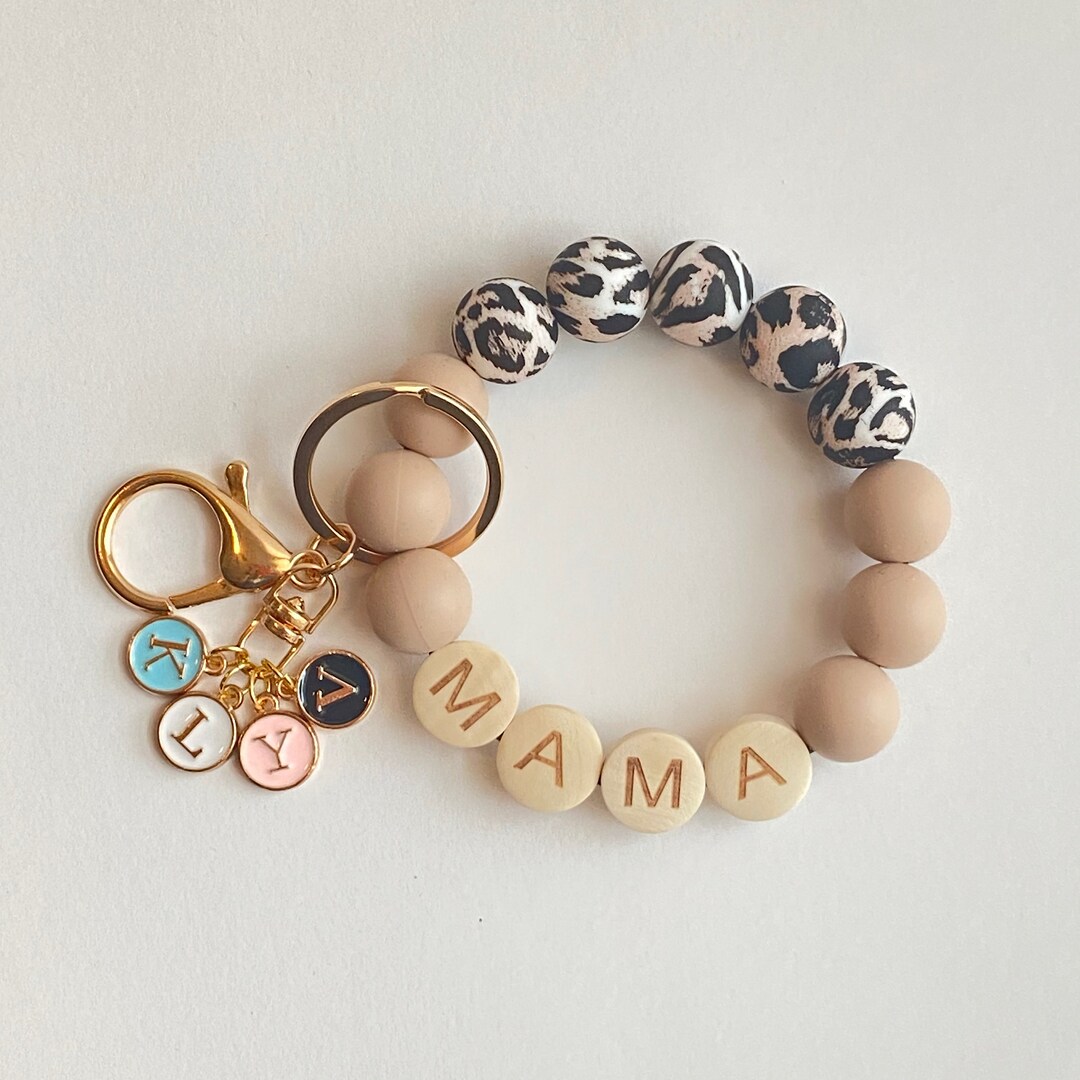 Mama Silicone and Wood Wristlet Keychain Cute Mama Bangle Keychain ...