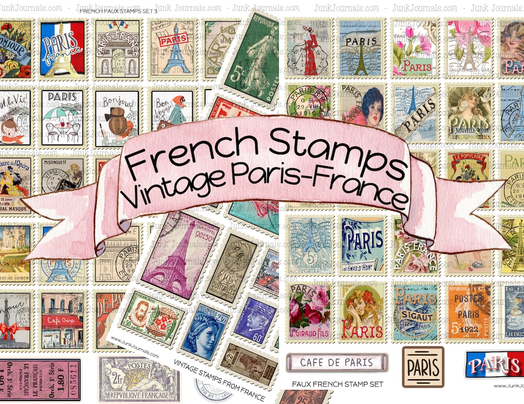 BEAUTIFUL FRENCH STAMPS Vintage Faux Junk Journal Ephemera Postmarked ...