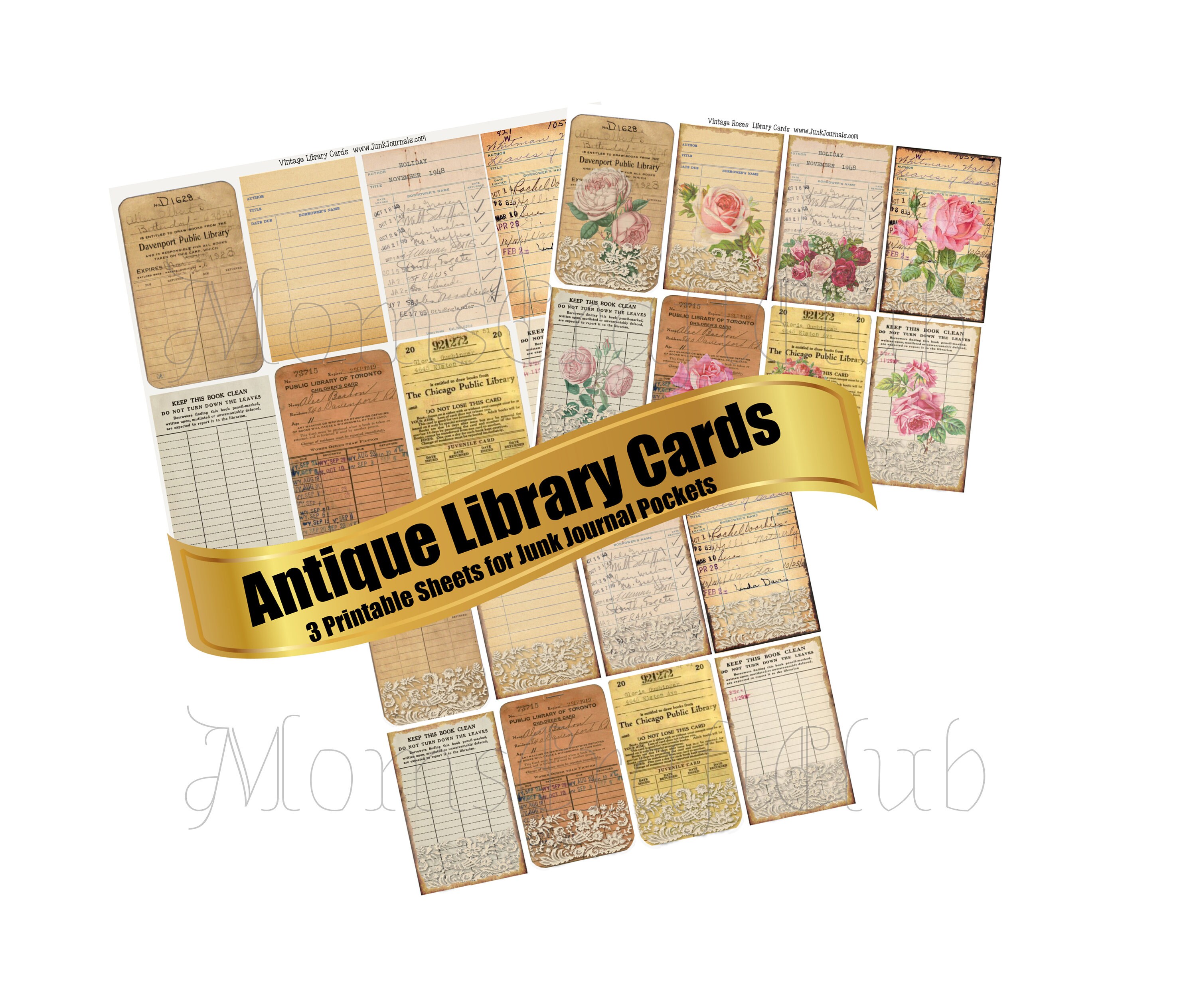 24 LIBRARY CARDS 3 Vintage Printable Ephemera Sets Plain, Lace ...