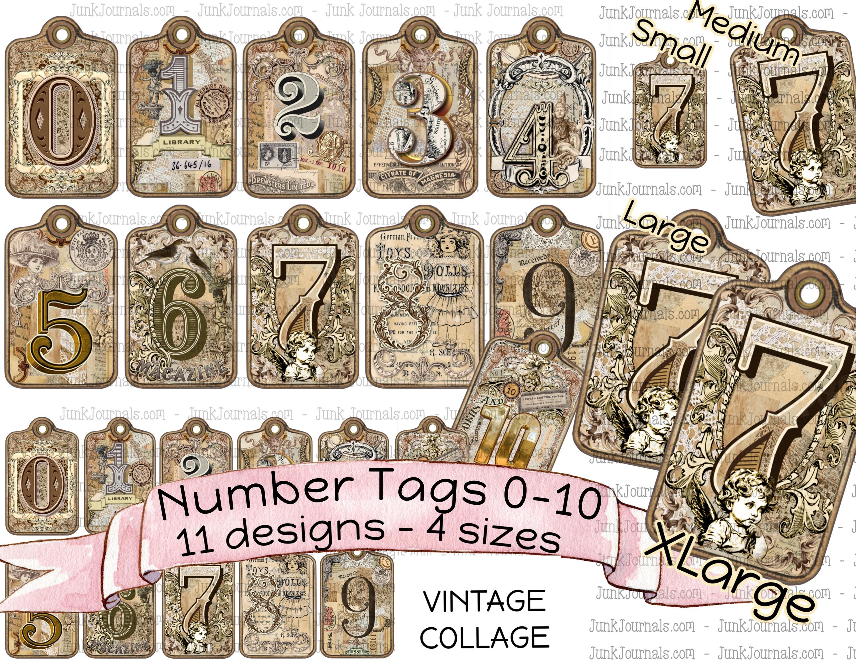 NUMBER COLLAGE TAGS 11 Designs 4 Sizes Vintage Junk Journal Digital ...