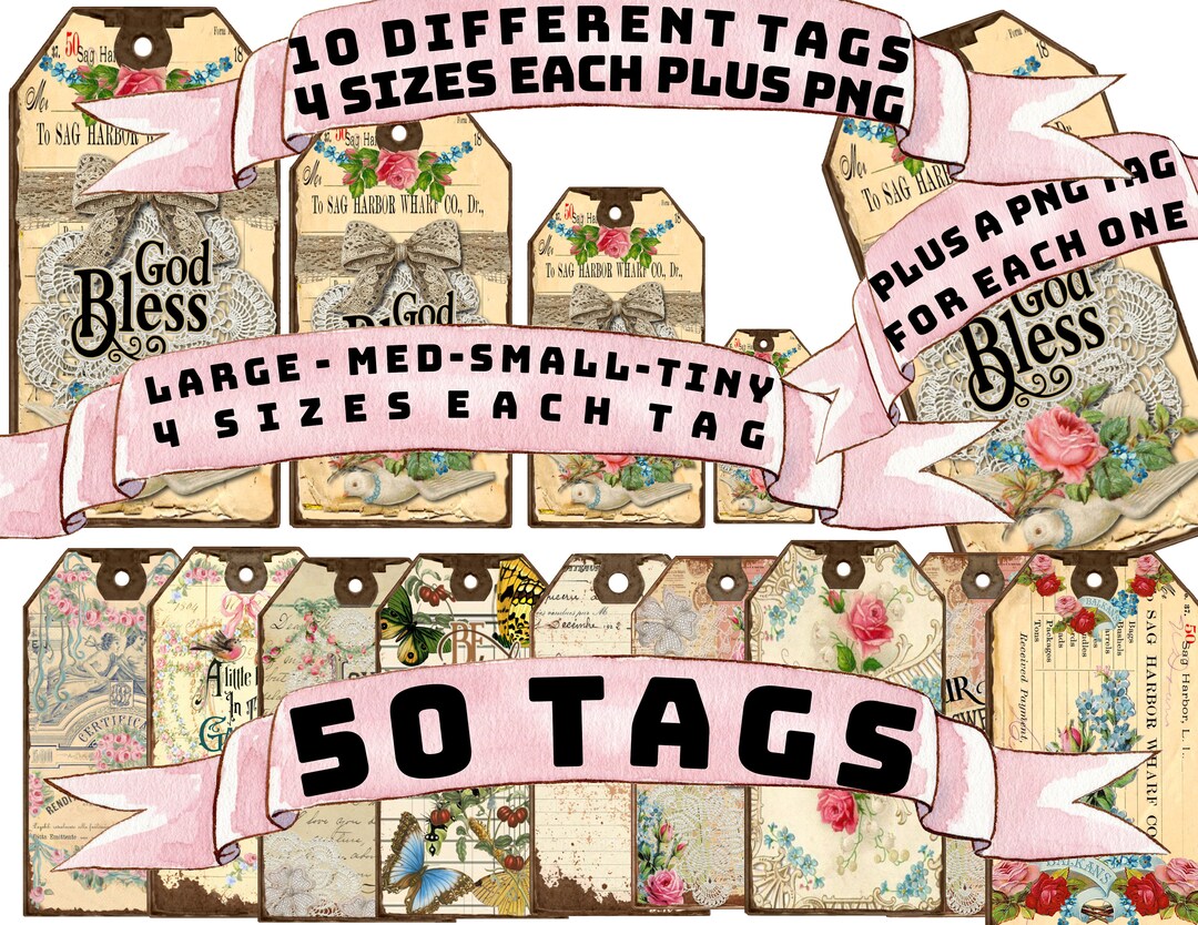 50 VICTORIAN VINTAGE Tags Pretty Shabby Chic Ephemera, 10 Different ...