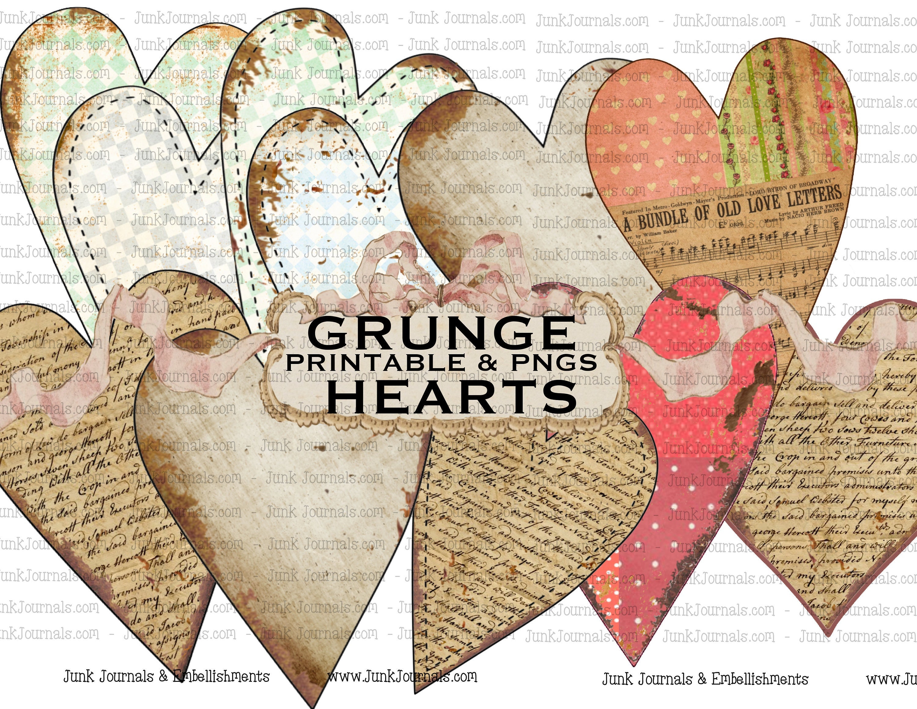 GRUNGE DISTRESSED HEARTS Shabby Vintage Style Ephemera Printables & 21 ...