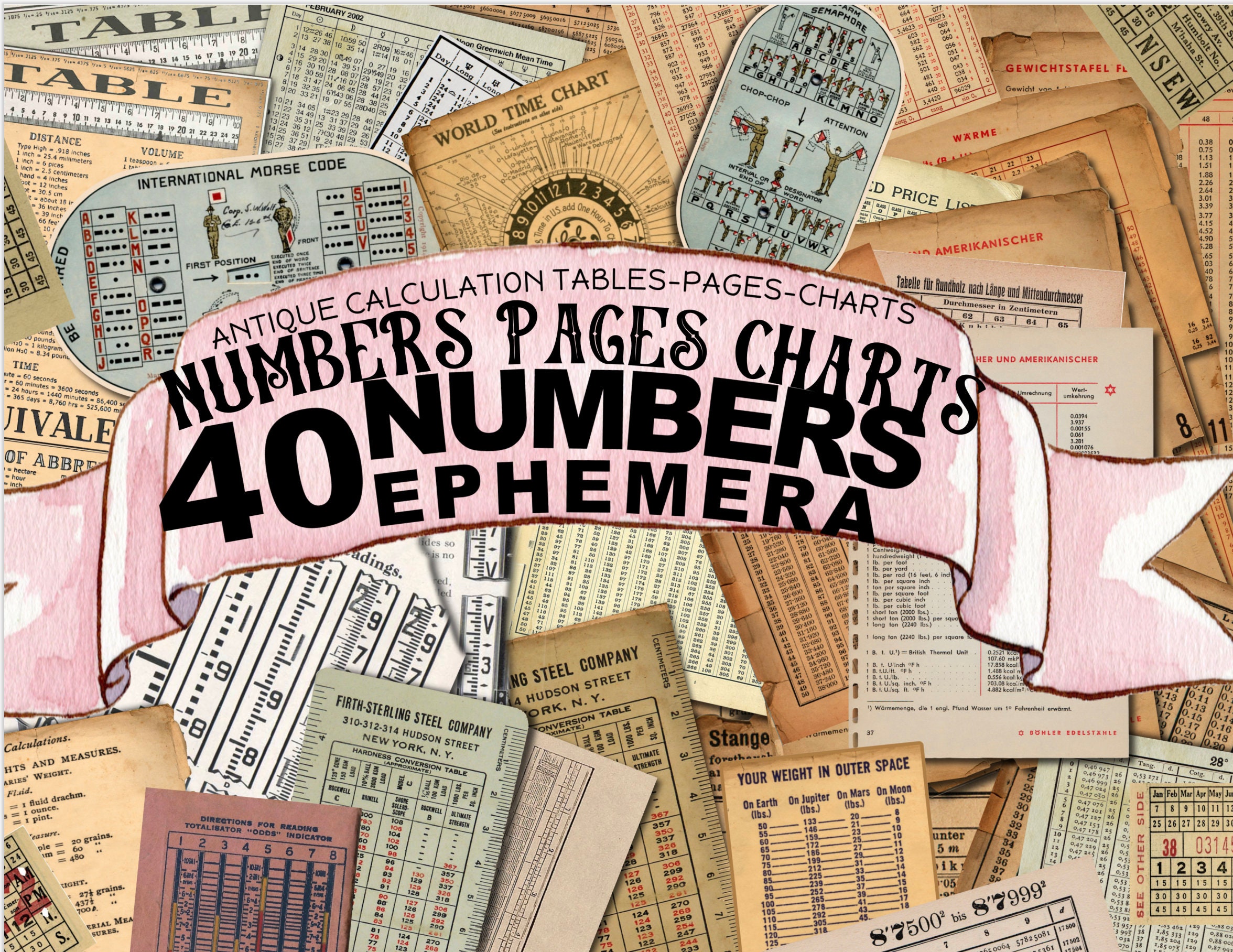 ANTIQUE NUMBERS CALCULATION Tables, Charts, Cards Vintage Ephemera Huge ...