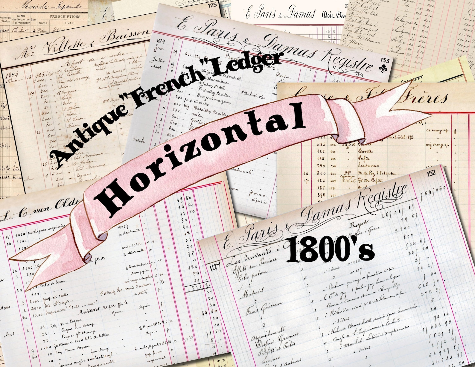 ANTIQUE FRENCH LEDGER Pages 1800s Huge Bundle Beautiful Calligraphy ...