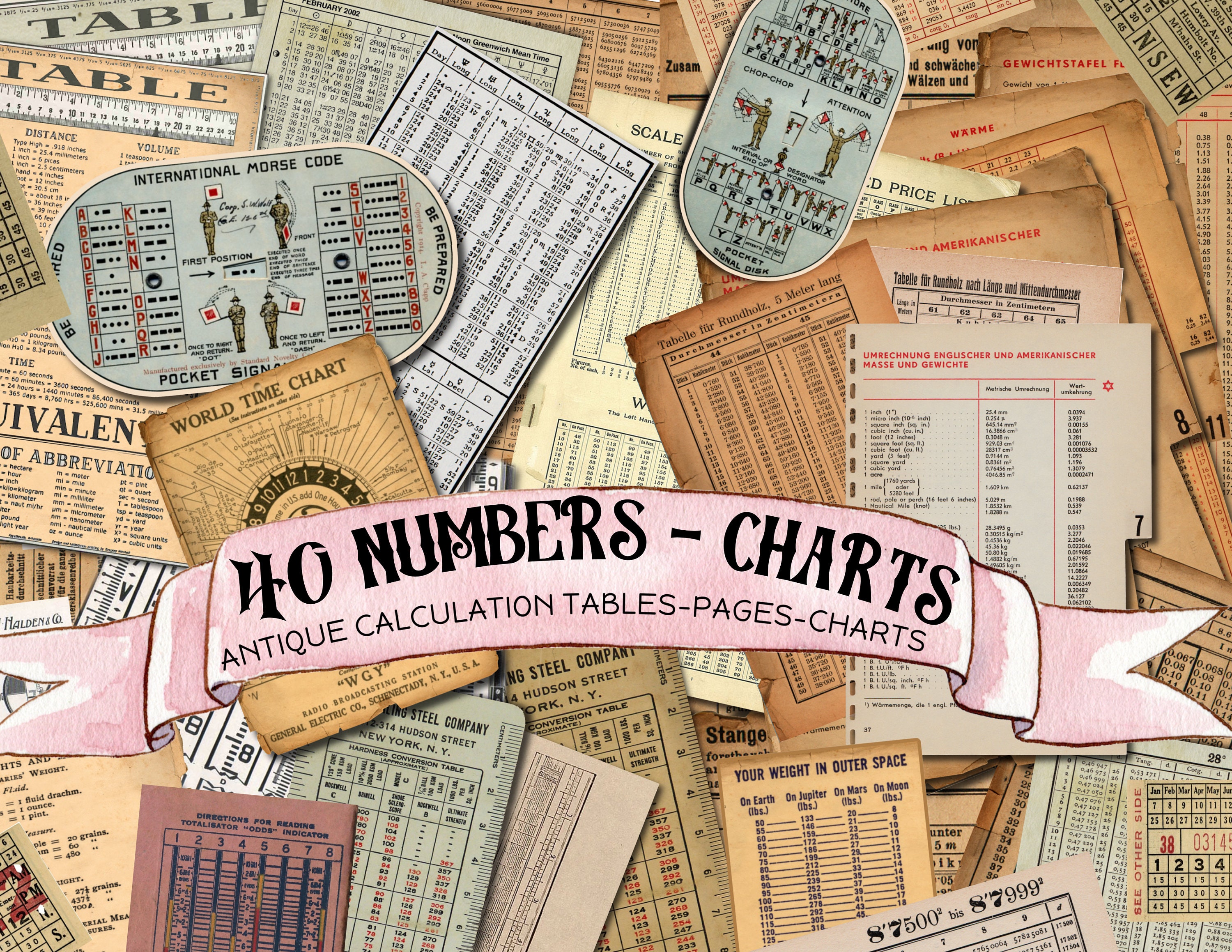 ANTIQUE NUMBERS CALCULATION Tables, Charts, Cards Vintage Ephemera Huge ...