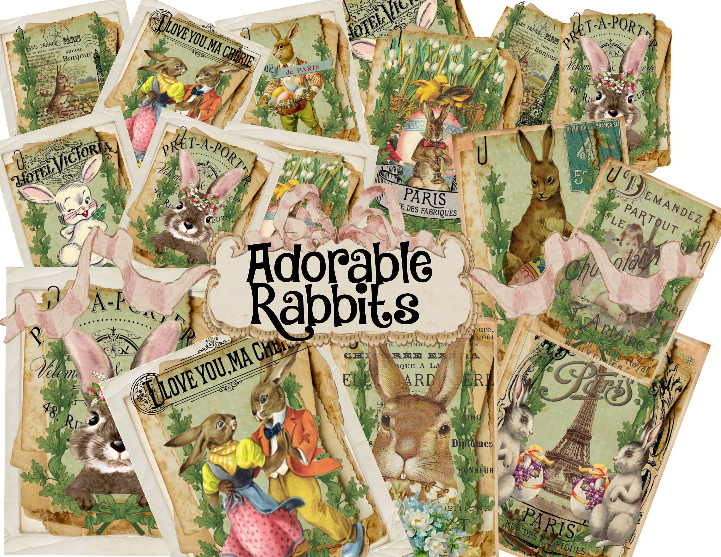 ADORABLE FRENCH RABBITS Cute Sweet Printable Cards Collage - Etsy