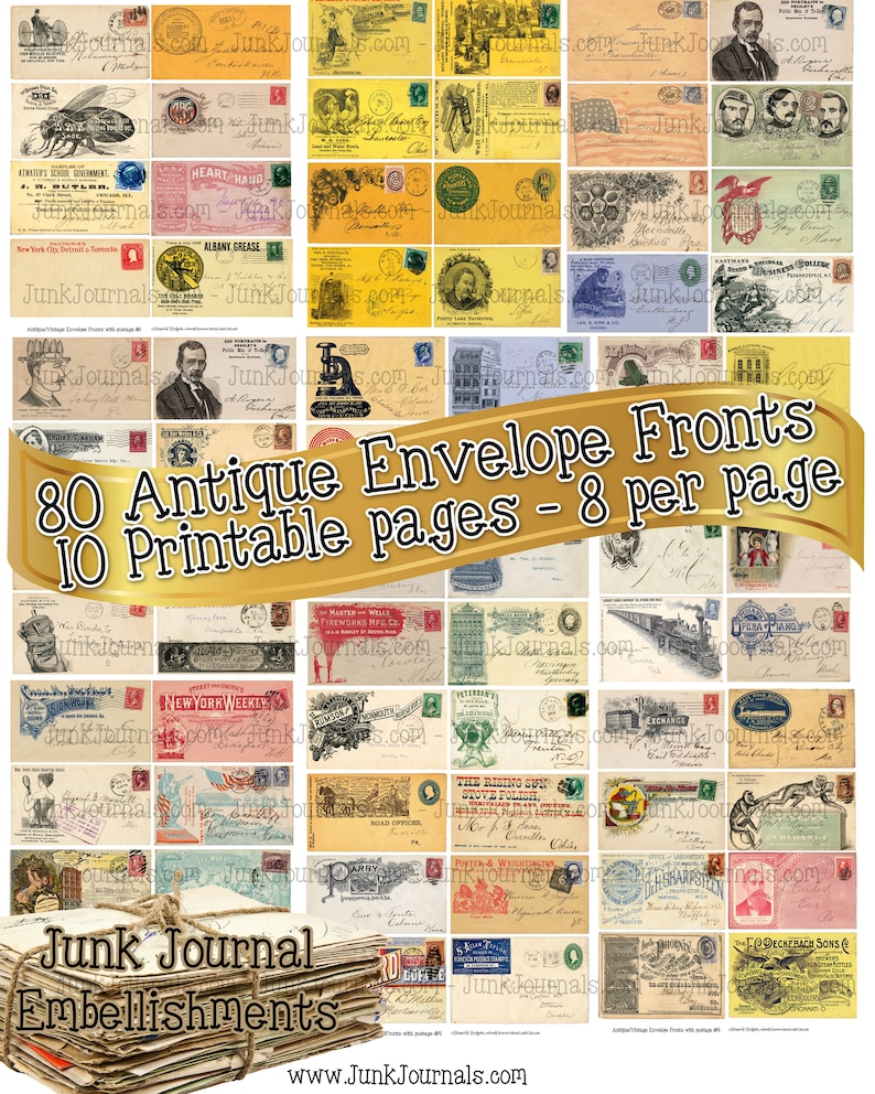 80 ANTIQUE ENVELOPES Fronts on 10 Printable Pages With Antique Postage ...