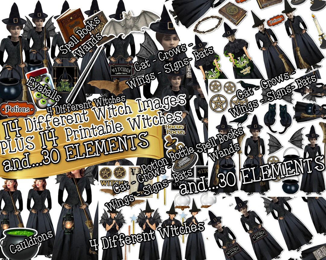 HUGE WITCH BUNDLE 14 Altered Witches 30 Elements Printable Collage Sheets Witch Wings Spell ...