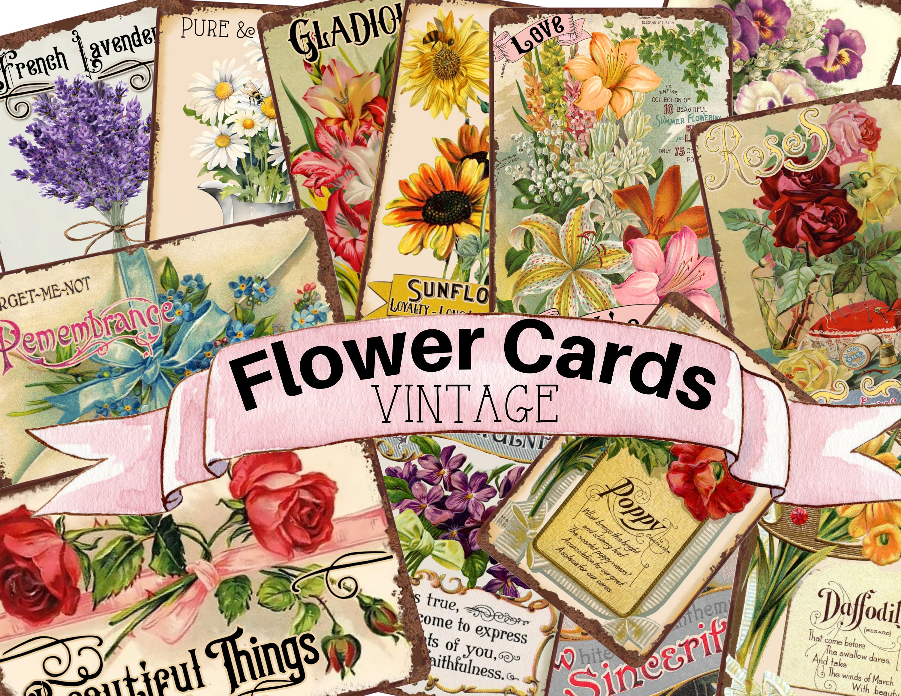 VINTAGE FLOWER CARDS Junk Journal Scrapbook 15 Printable Collage Sheets ...