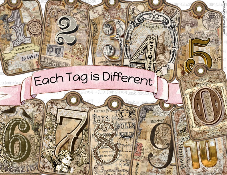 NUMBER COLLAGE TAGS 11 Designs 4 Sizes Vintage Junk Journal Digital ...