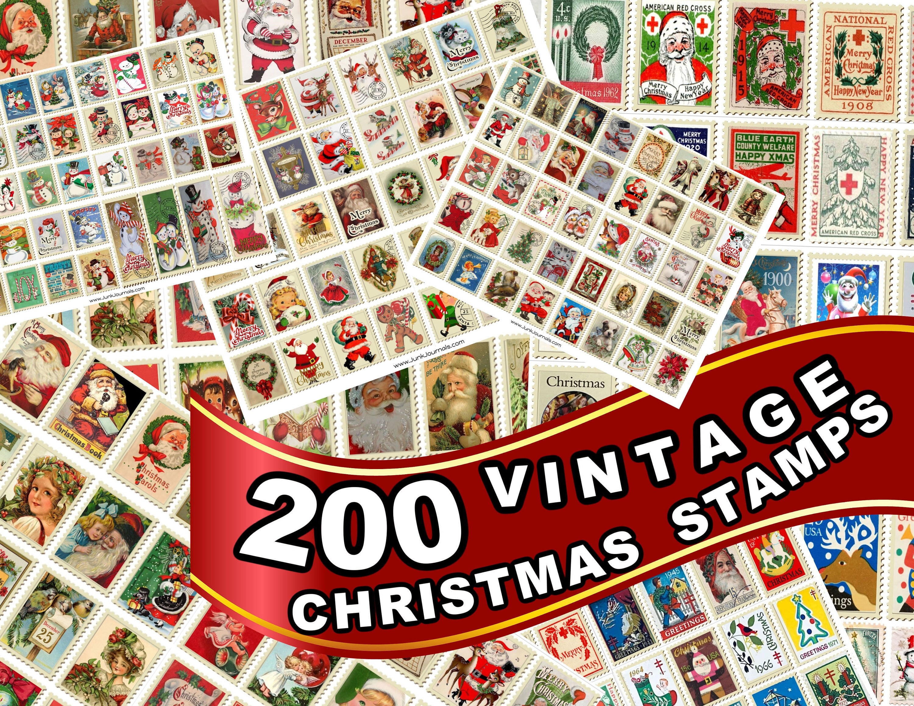 200 Vintage CHRISTMAS STAMPS Bundle .,snowmen, Santa, Retro to Antique ...
