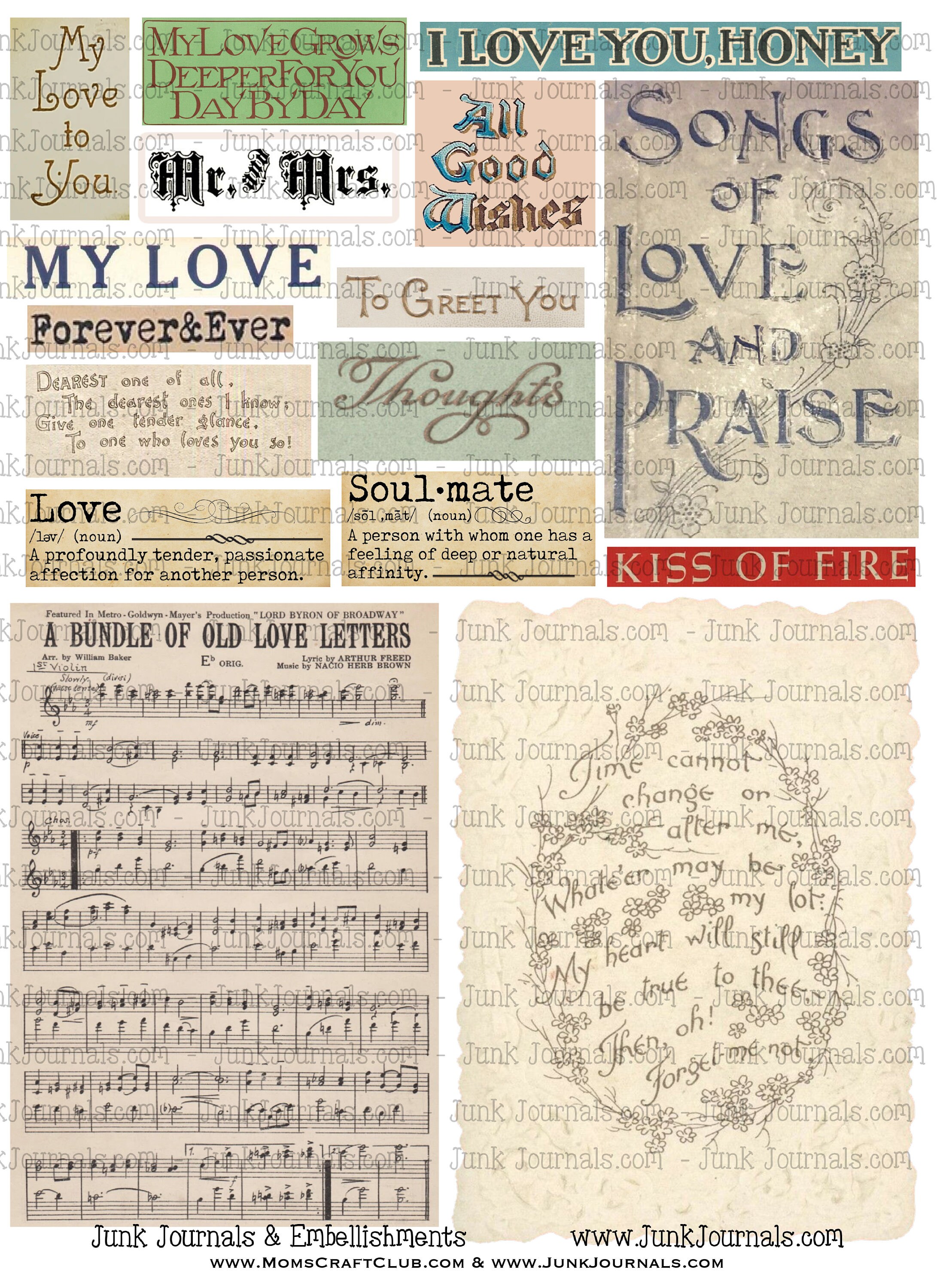 100 LOVE ROMANCE WORDS Printables & Pngs Words Phrases, Ephemera Bundle ...