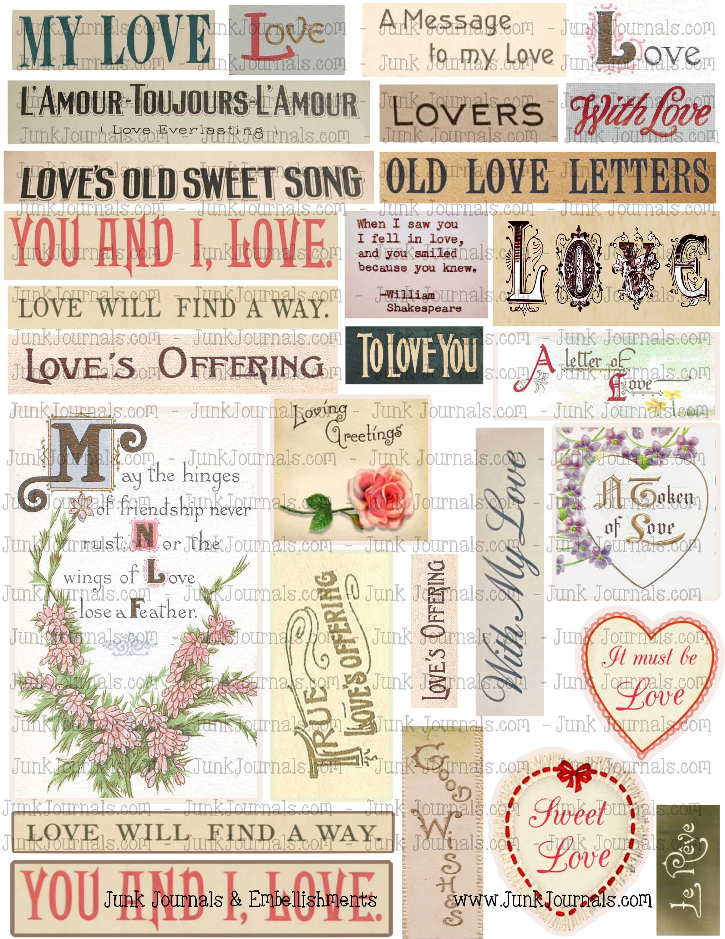 100 LOVE ROMANCE WORDS Printables & Pngs Words Phrases, Ephemera Bundle ...