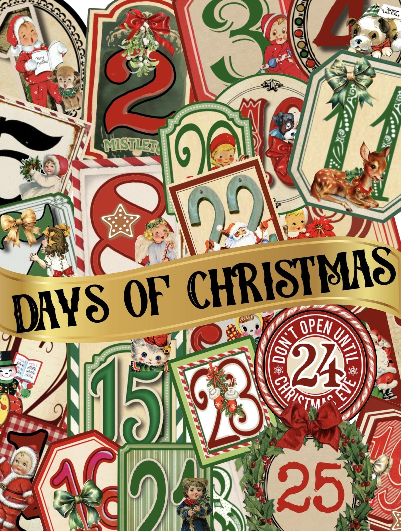 DAYS of CHRISTMAS NUMBERS Vintage Numbers on Old Cards Santa, Reindeer ...
