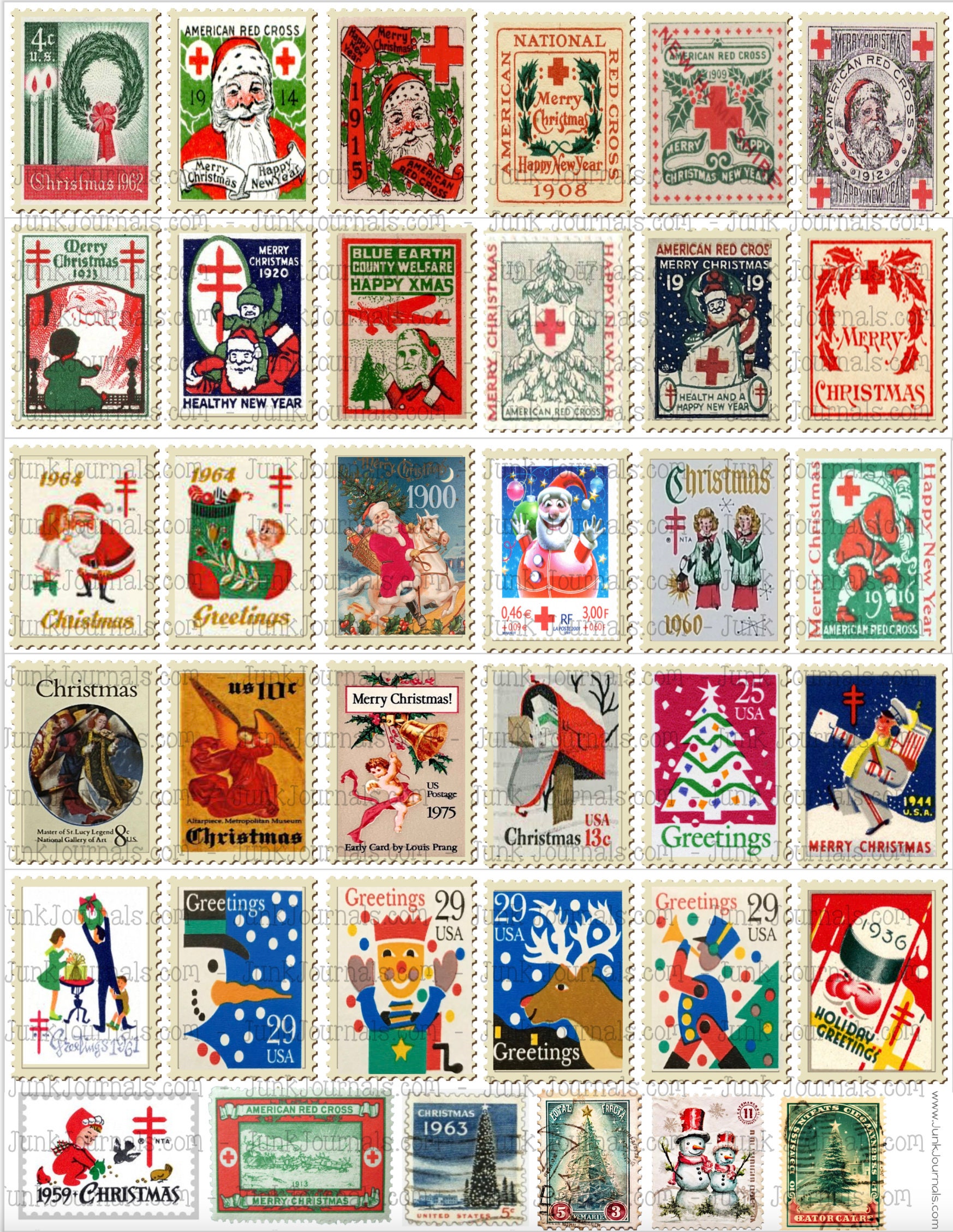 200 Vintage CHRISTMAS STAMPS Bundle .,snowmen, Santa, Retro to Antique ...