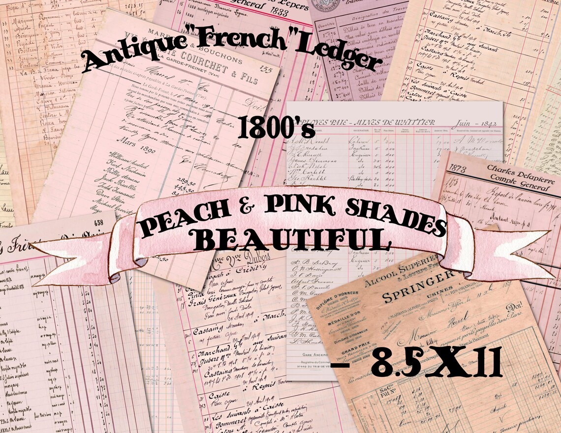 ANTIQUE FRENCH LEDGER Pages 1800s Huge Bundle Beautiful Calligraphy ...
