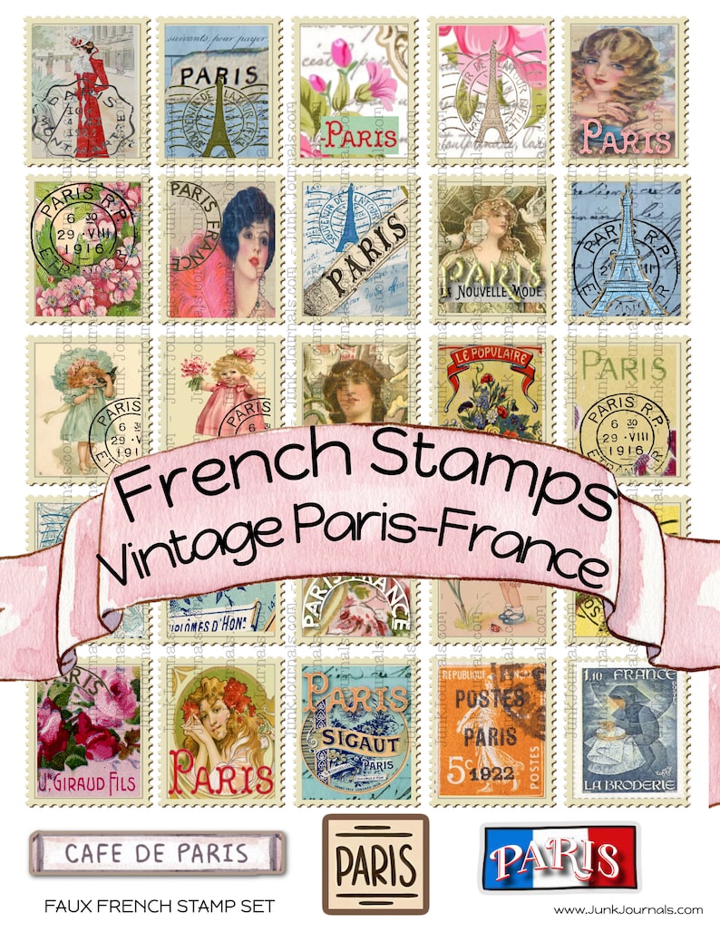 BEAUTIFUL FRENCH STAMPS Vintage Faux Junk Journal Ephemera Postmarked ...