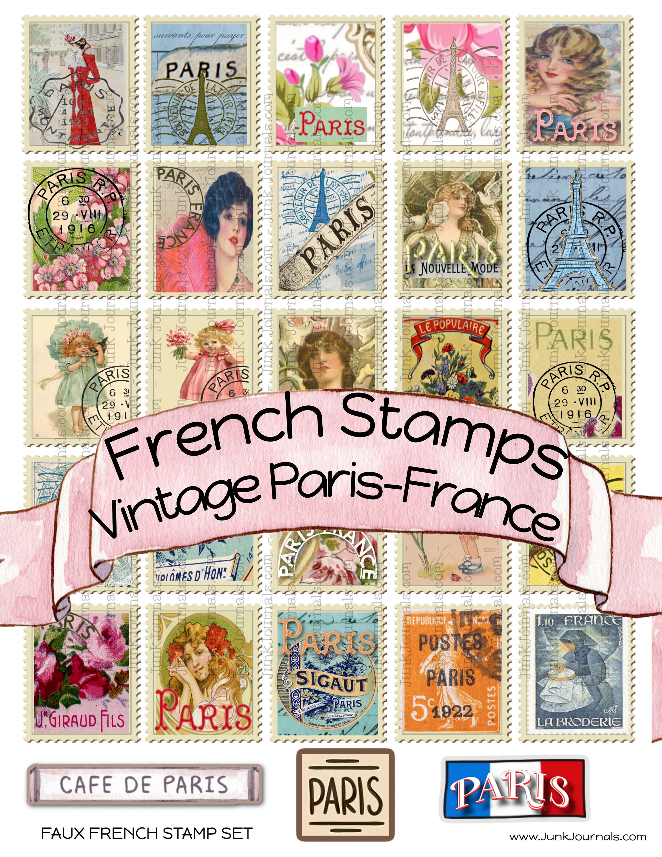 BEAUTIFUL FRENCH STAMPS Vintage Faux Junk Journal Ephemera Postmarked ...